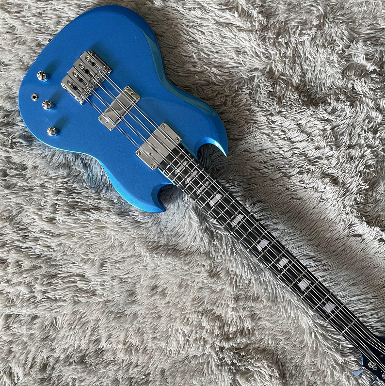 Custom 8-String SG Electric Bass Guitar Metal Blue Mahogany Body H-H ...
