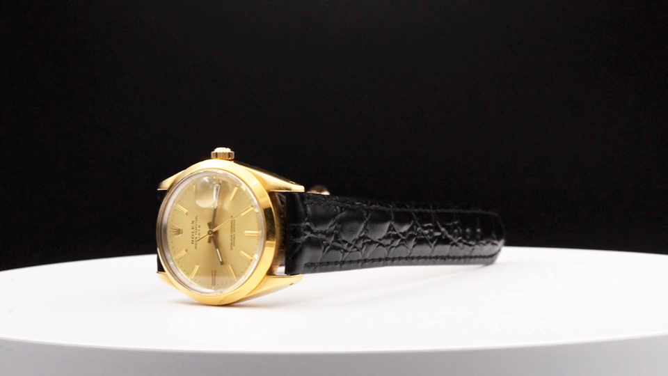 Rolex Date 15505 Mens 14k Yellow Gold Shell Watch Black Band Champagne ...