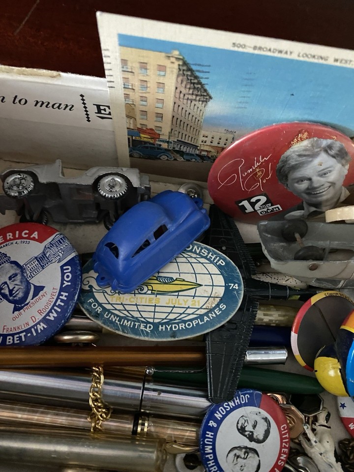 Vintage Estate JUNK DRAWER Lot Pins Cufflinks Metals Pens Postcard Toys ...