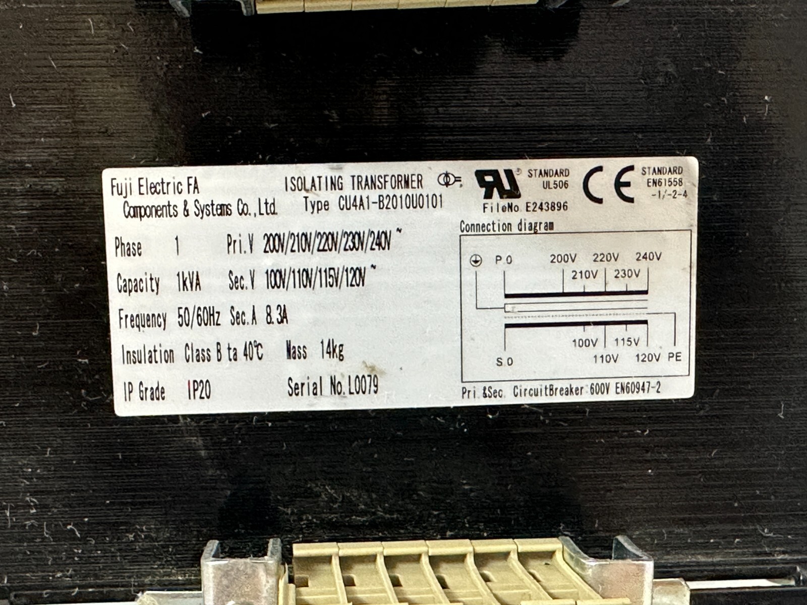 FUJI CU4A1-B2010U0101 ISOLATING TRANSFORMER 200/240VAC S/N: L0079 SHIPS ...
