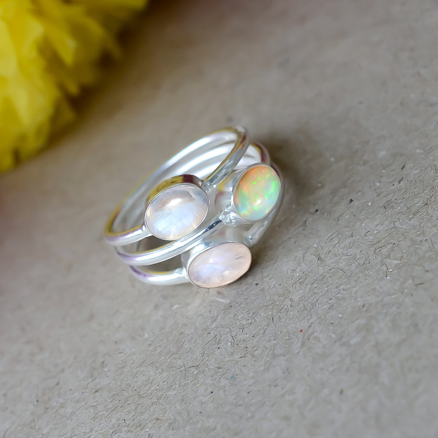Rainbow Moonstone, Fire Opal Multi Gems Ring 925 Sterling Silver ...