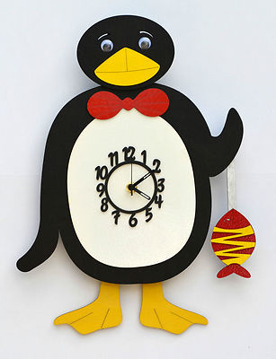 PENGUIN WOODEN CHILDRENS / KITCHEN WALL CLOCK WITH PENDULUM.NEW & BOXED ...