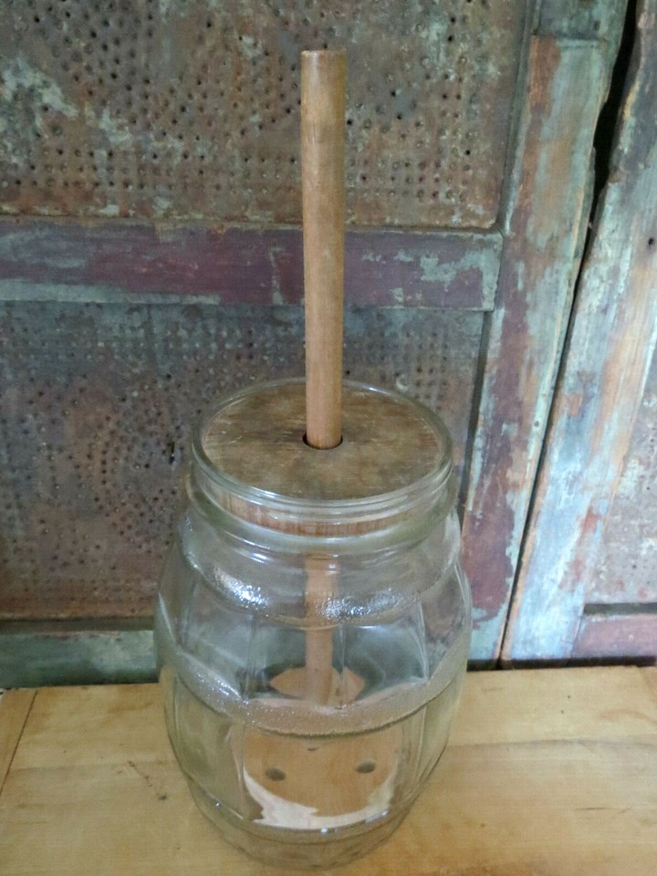 Primitive Make Do Glass Pickle Jar Butter churn w wood lid and dasher ...