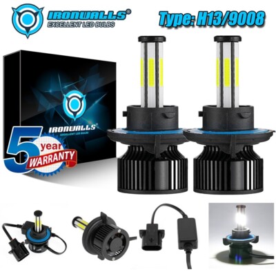 A9 IRONWALLS H13 9008 LED Headlight Bulb 6 Sides 6500K Super White High ...