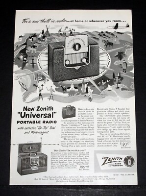 1950 OLD MAGAZINE PRINT AD, NEW ZENITH "UNIVERSAL" PORTABLE RADIO, TIP ...
