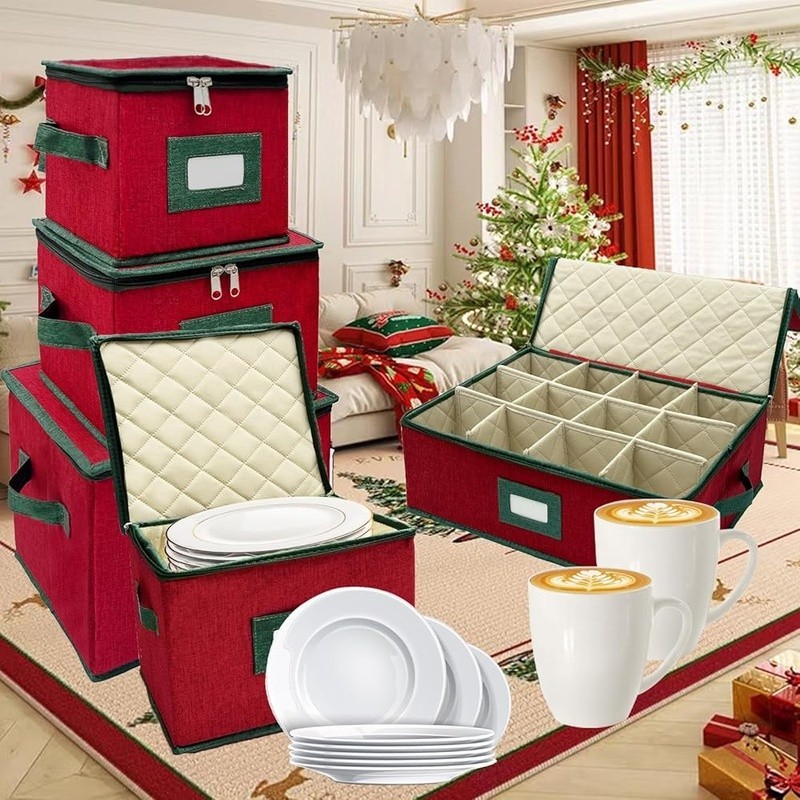 Quilted Moving Boxes Set W/ Felt Plate Dividers & Mug Storage Container ...