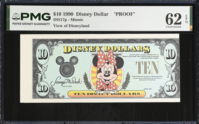 RARE 1990 A $10 PROOF Disney Dollar Minnie DIS17p PMG 62EPQ NO SERIAL ...
