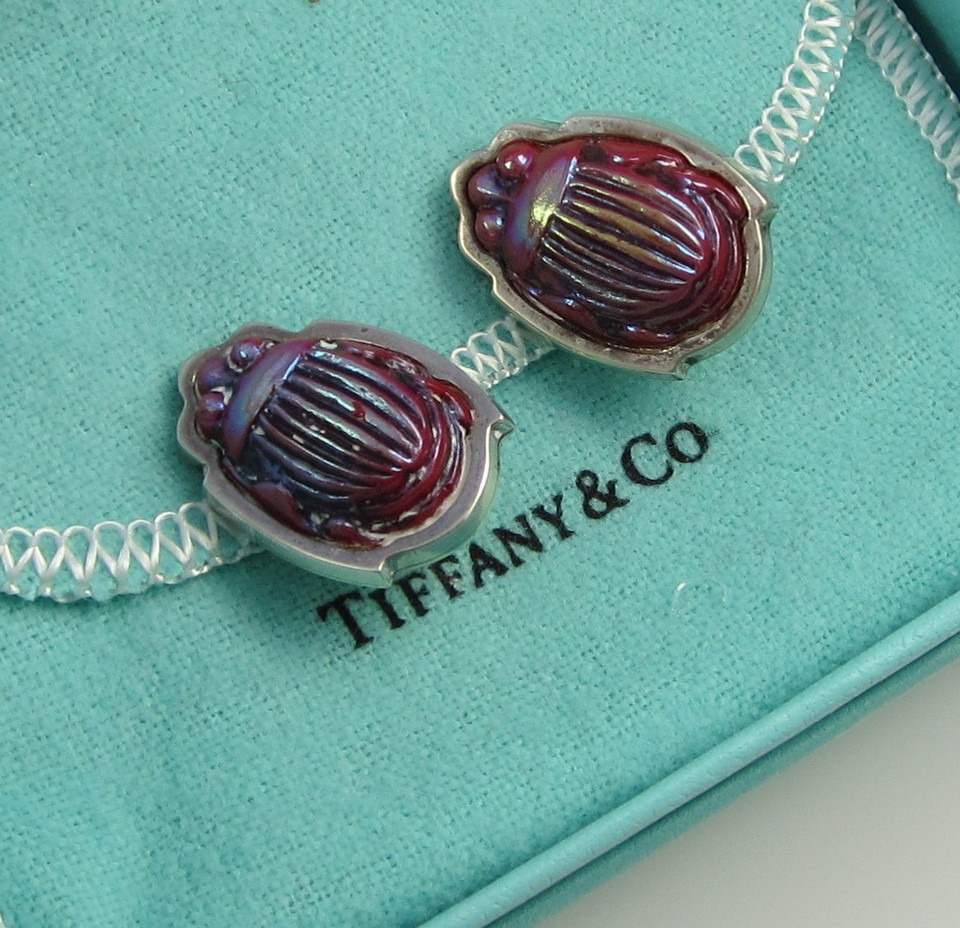 Tiffany & Co Vintage Sterling Silver Red Favrile Scarab Beetle Clip On ...
