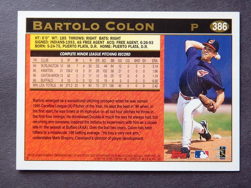 Bartolo Colon #386 Topps 1997 Baseball Card (Cleveland Indians) LN | eBay