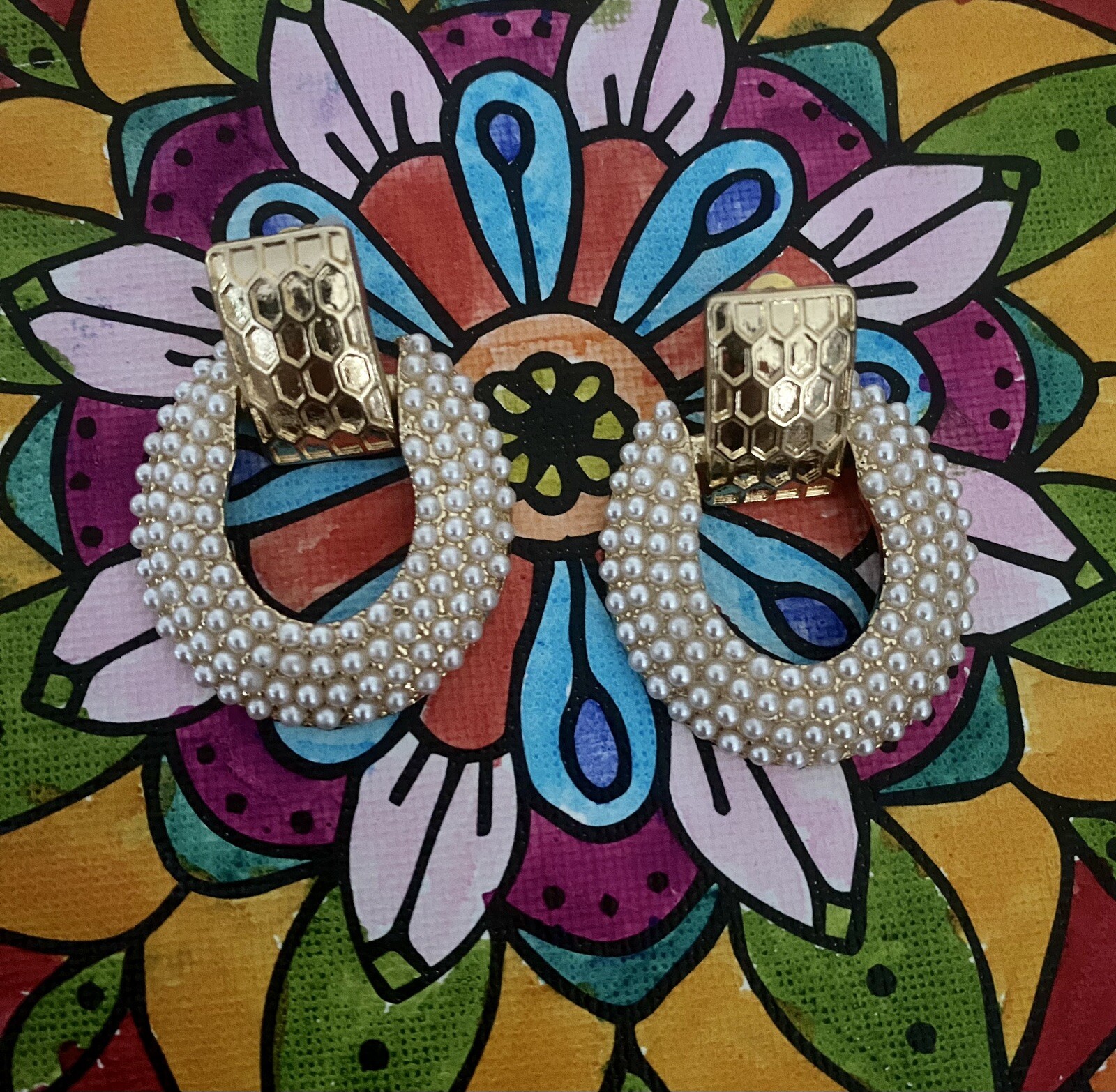 Textured Jewellery Full Faux Pearl Gold Square Stud Engagement Retro ...