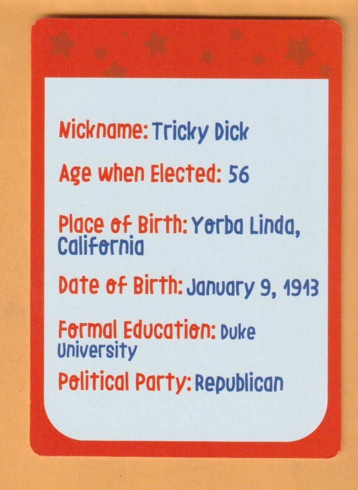 Richard Nixon Presidents Flash Trading Card #37 Yorba Linda California ...