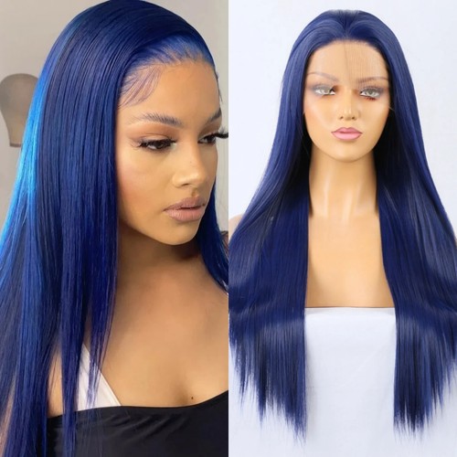 Blue Wig Straight Synthetic Lace Front Wig Glueless Wigs Ready To Wear ...