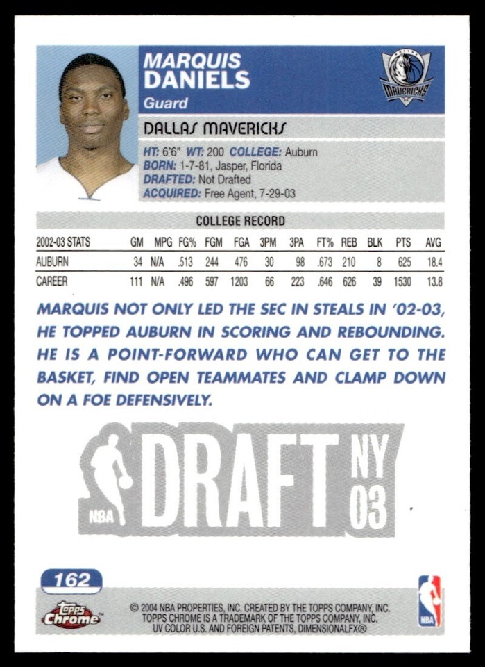 2003-04 Topps Chrome Marquis Daniels Rookie G27 Dallas Mavericks #162 ...