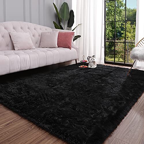 Black Fluffy Area Rug 3x5ft Cute Shag Carpet For Bedroom High Pile ...