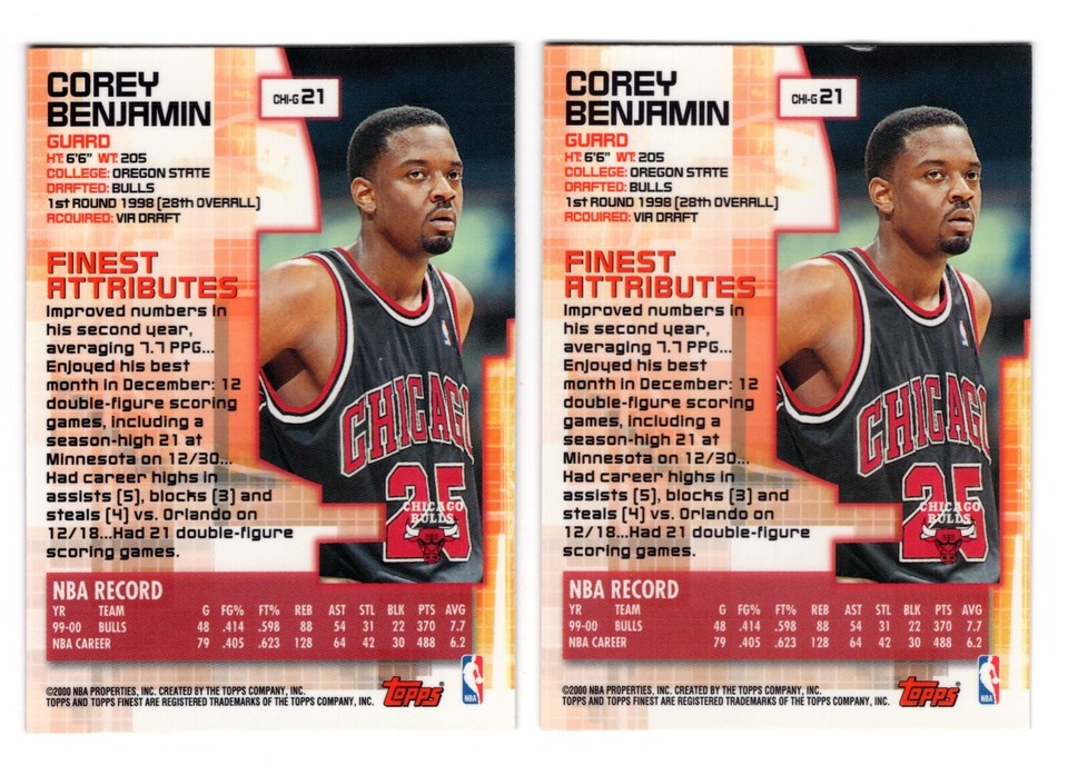 (2) 2000-01 TOPPS FINEST COREY BENJAMIN CARD #21 LOT **NM-MT** CHICAGO ...