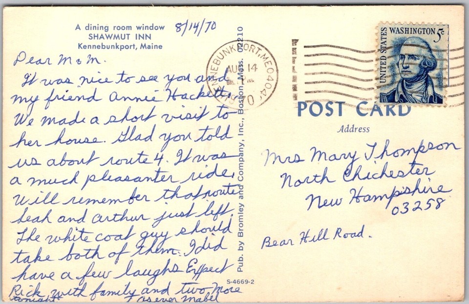 POSTCARD A dining room window SHAWMUT INN Kennebunkport, Maine 1970 | eBay
