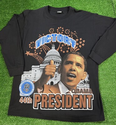 Barack Obama T Shirt Mens L Black Long Sleeve 2008 Campaign VICTORY TEE ...