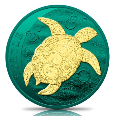1 oz Silver New Zealand Turtle - Space colored and Gold Gilded Coin w ...
