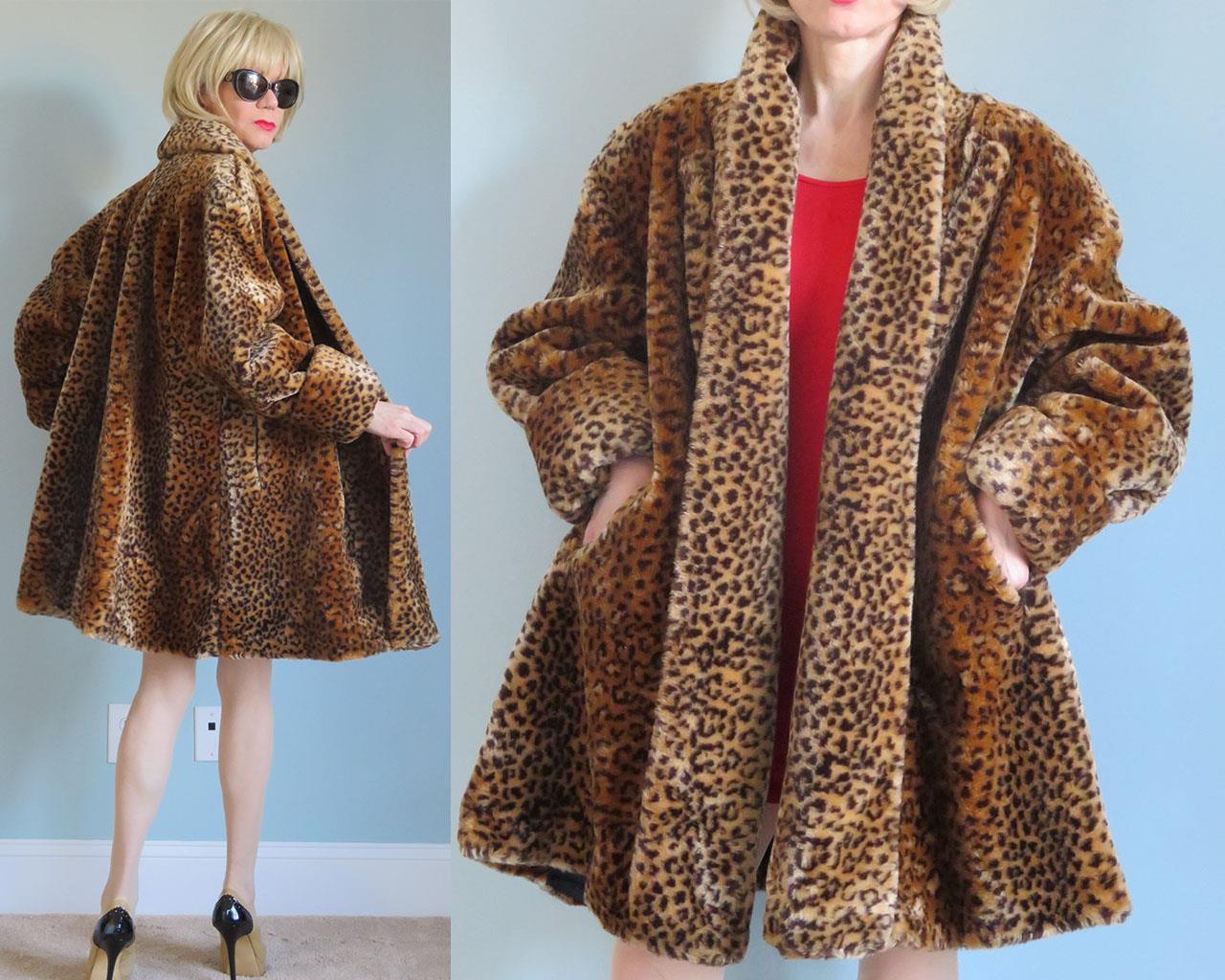 MONTEREY FASHIONS LEOPARD PRINT FAUX FUR COAT SHAWL COLLAR NICE SWEEP S ...