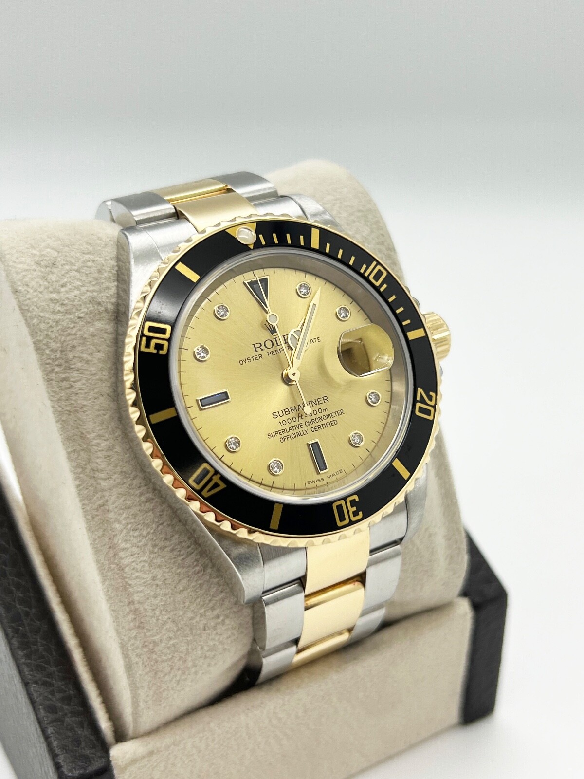 Rolex Submariner 16613 Champagne Serti Diamond Sapphire Dial 18K Gold ...