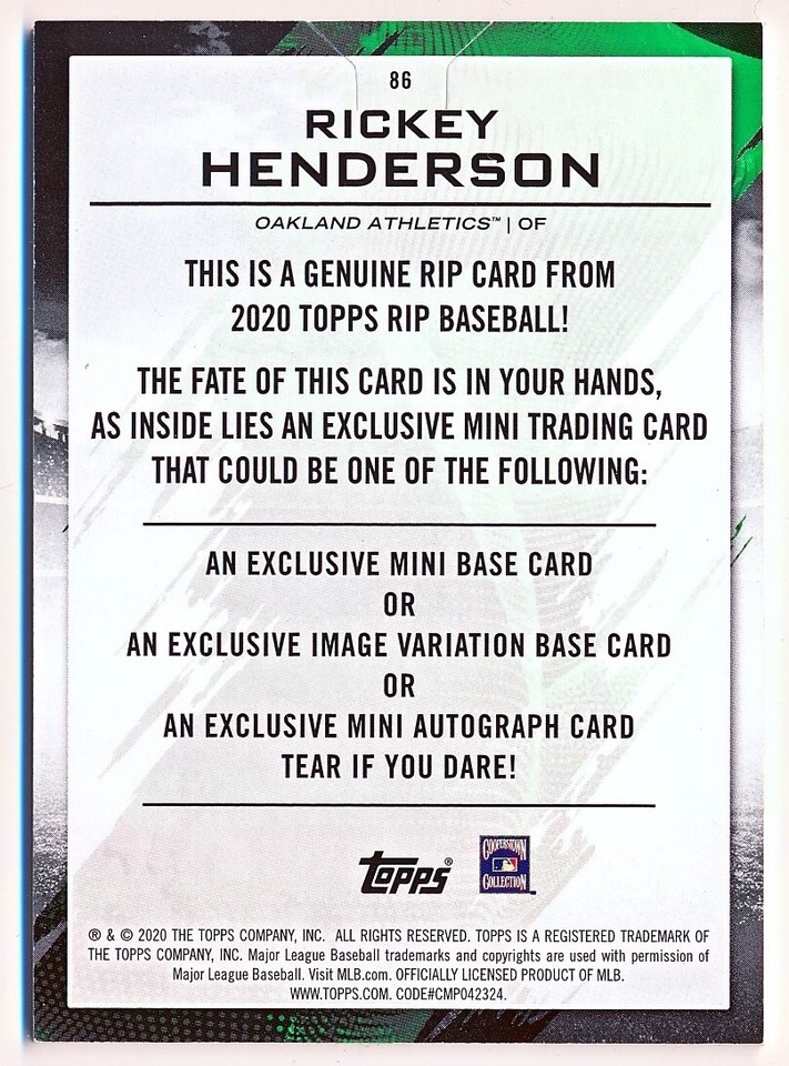 2020 Topps RIP Rickey Henderson Unripped Rip Card #86 (xx/99) - QTY ...