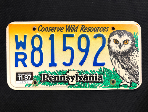 1997 Pennsylvania License Plate WR81592 ... OWL WILDLIFE CONSERVE WILD ...