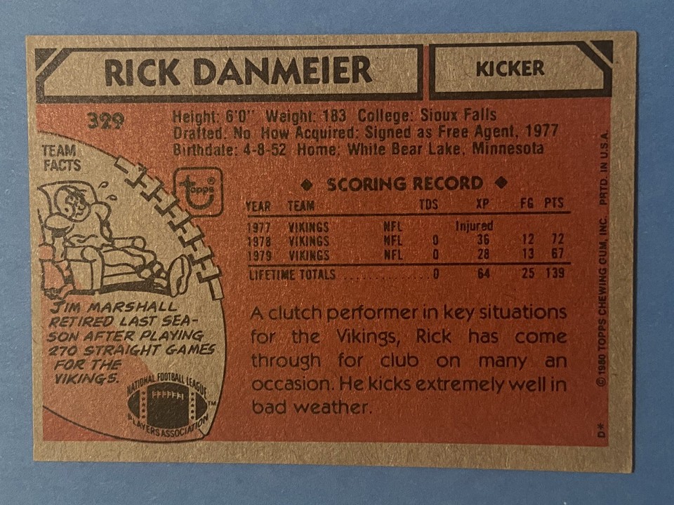 RICK DANMEIER Hand Signed 1980 Topps #329 Vikings Sioux Falls Autograph ...