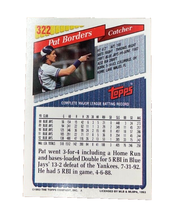 1993 TOPPS Card # 322 Pat Borders - Toronto Blue Jays | eBay
