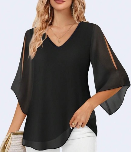 Ladies Black 3/4 Sleeve V Neck Double Layer Floaty Top Size 3XL UK 22 ...