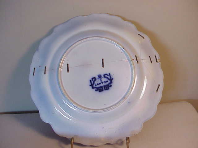 RARE SET THREE ANTIQUE ORANGE & COBALT FLOW BLUE DINNER PLATES - CANTON ...