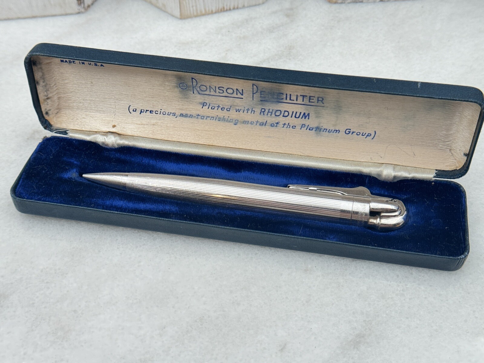 VINTAGE RONSON PENCILITER RHODIUM PLATE PENCIL & LIGHTER PEN IN BOX | eBay