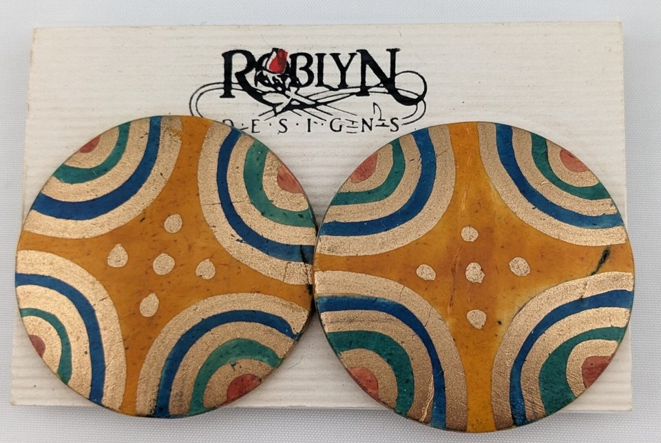 Vintage Roblyn Designs Large Round Art Clip On Earrings Gold Multicolor | eBay