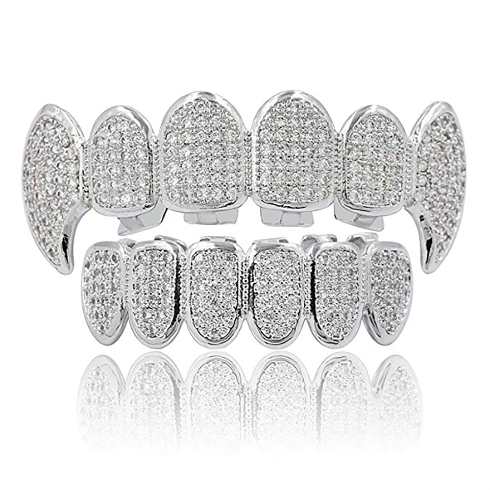Custom18K Gold Finish CZ Cluster Slugs fangs Top Bottom GRILLZ Teeth ...
