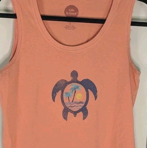 Life is Good Womens M Crusher Tank Top Orange With Turtle, Palm Trees ...