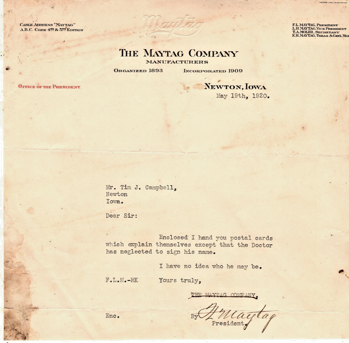 1920 F L Maytag Hand Signed Maytag Company Letterhead Signed By Fred | eBay