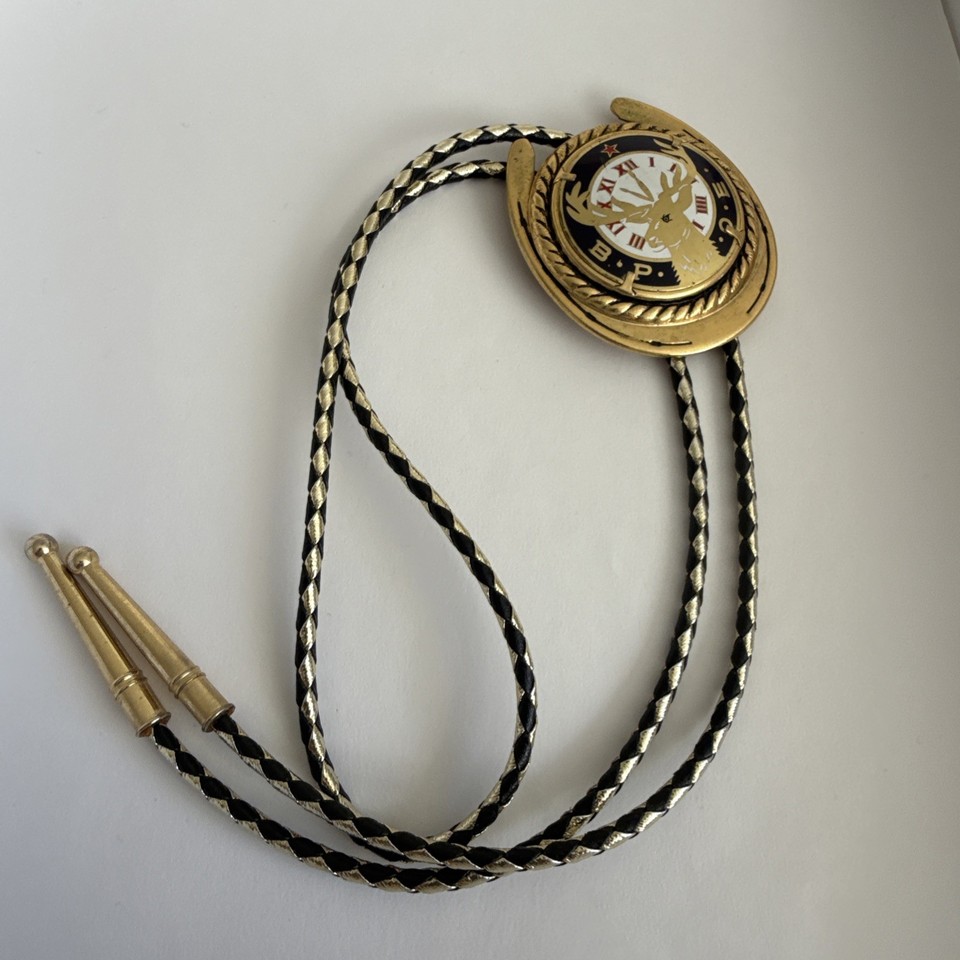 BPOE Elks Bolo Tie Deer Clock Horseshoe Western Golden Black Rope Slide ...