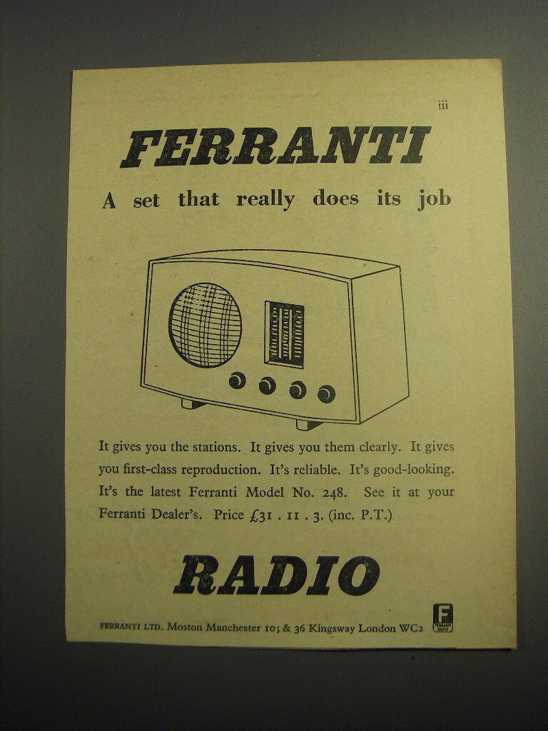 1948 Ferranti Radio Ad - Ferranti a set that really does its job | eBay