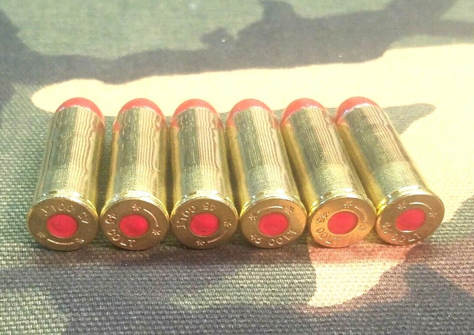 45 LONG COLT SNAP CAPS SET OF 6, RED AND BRASS, REAL WEIGHT!!! 45LC 45 ...