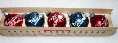 5 Pack~ Vtg~ SHINY BRITE Xmas Glass Ornament~ Stencil Greeting~Silent ...