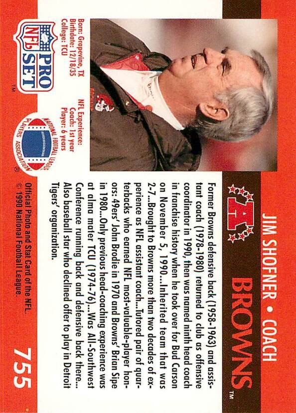 Jim Shofner HC, 755 1990 Pro Set Final Update Cleveland Browns | eBay