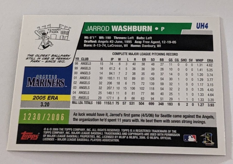 2006 Topps Updates & Highlights # UH4 Jarrod Washburn Gold Parallel #D ...
