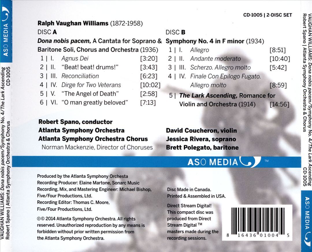 ROBERT SPANO/ATLANTA SYMPHONY ORCHESTRA VAUGHAN WILLIAMS: DONA NOBIS ...