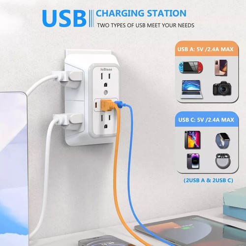 5 Outlet Extender Surge Protector Multi Plug Wall Adapter USB Charger ...