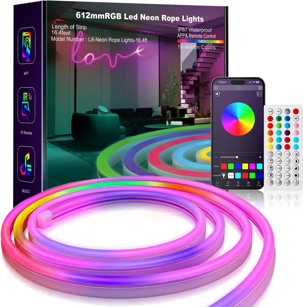 Rope Lights Remote Control Multicolor Music Sync Neon LED Rope/Strip
