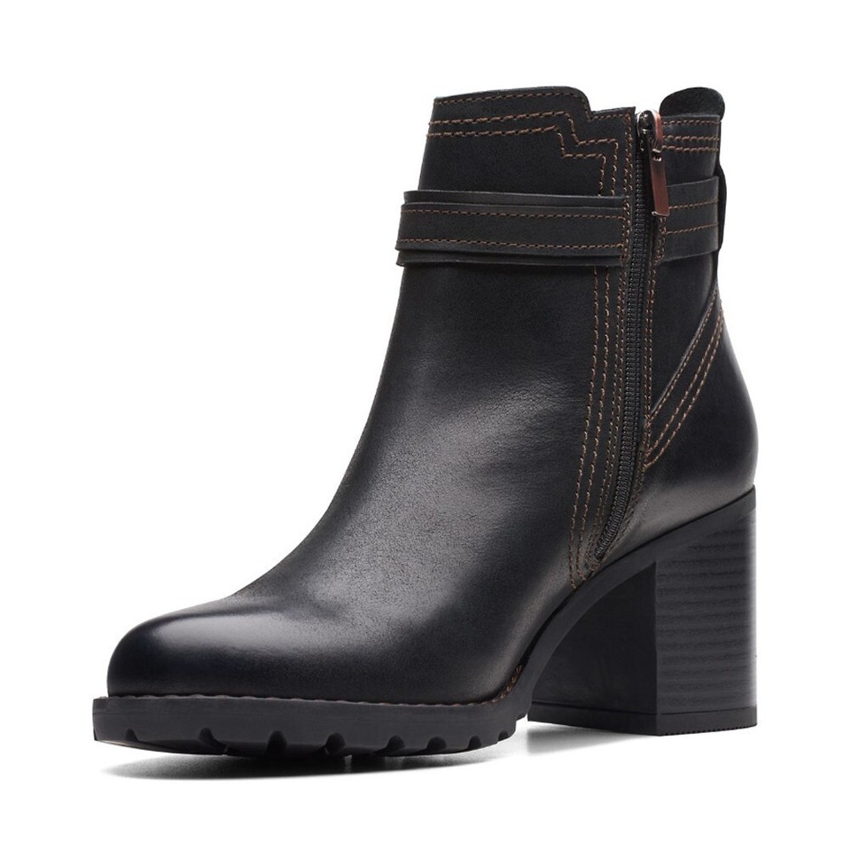 Clarks Leda Strap Womens Heeled Ankle Boots Black Leather 26174959 | eBay