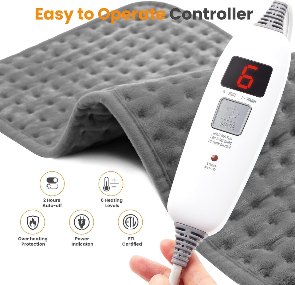 Electric Heating Pad Back Pain Relief & Cramps 6 Settings Portable ...