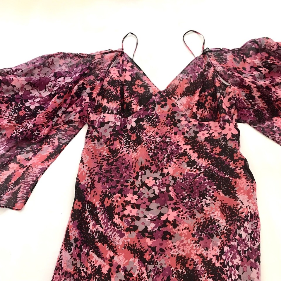 Tracy Reese Pink & Purple Floral Maxi Dress Size 8 Silk Chiffon Flutter ...