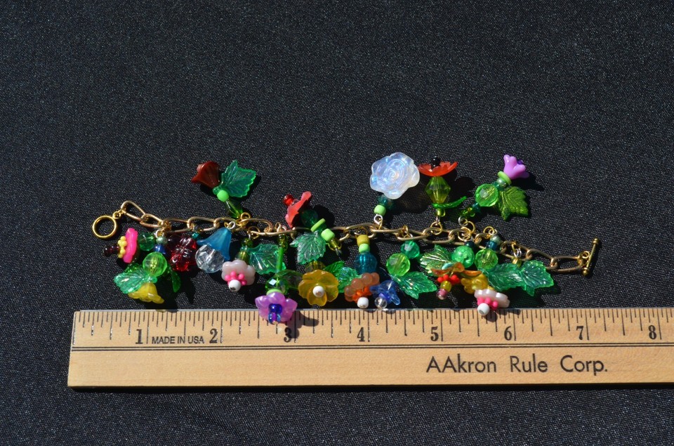 Flower Jewelry Spring Summer Charm Bracelet Goldtone Loaded Multicolor ...