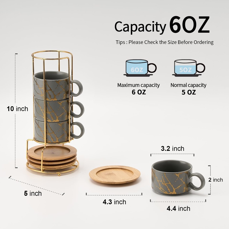 LUKA 6 Ounce Porcelain Stackable Espresso Cups with Saucers and Metal ...