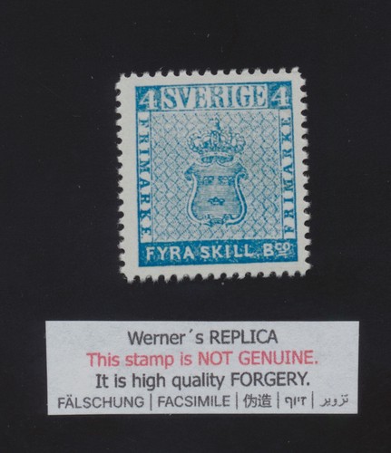 FORGERY - Werner's REPLICA of Sweden, 1855, First Issue, 4sk blue | eBay